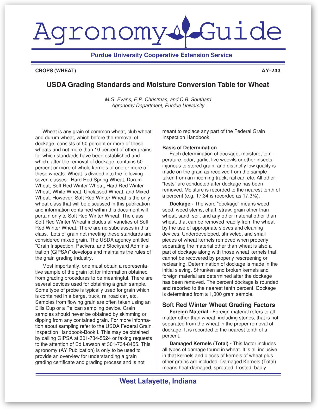 USDA Grading Standards and Moisture Conversion Table for Wheat