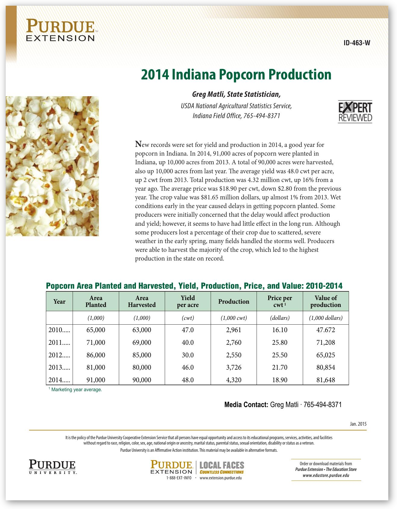 2014 Indiana Popcorn Production